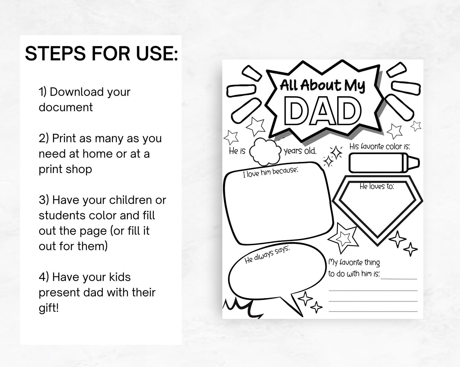 Father's Day Super Dad Craft, Printable Gift From Kids, Fill in the ...