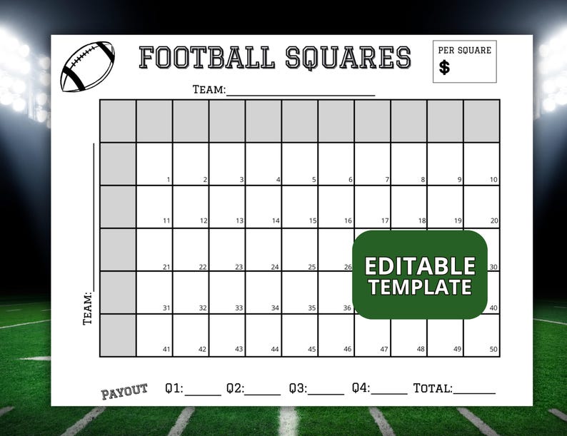 Editable Football Squares Template, 50 Squares Grid, Football ...