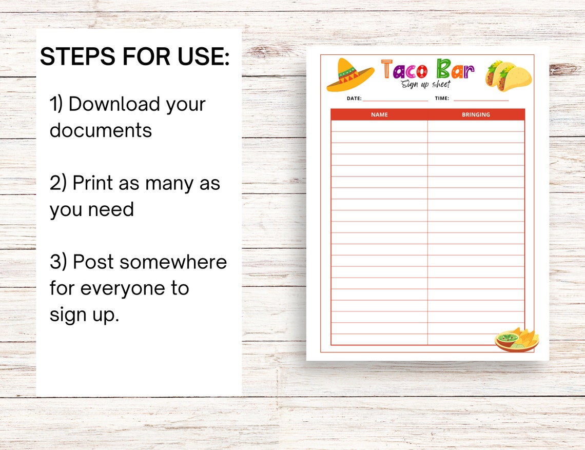 Sign up Sheet Template for Taco Bar, Printable Taco Party Sign Up ...