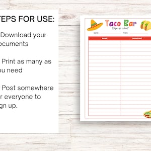 Sign up Sheet Template for Taco Bar, Printable Taco Party Sign Up ...