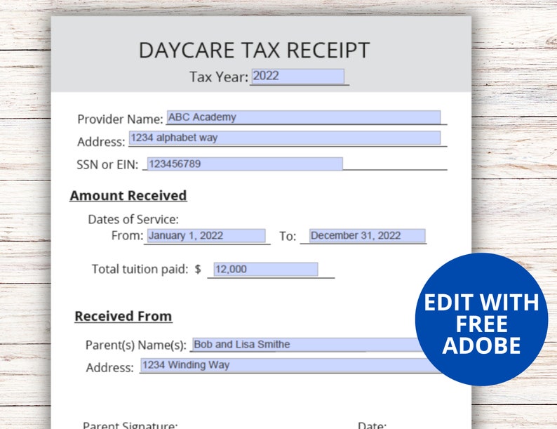 Daycare Childcare Tax Receipt Form for Parents and Childcare Providers ...
