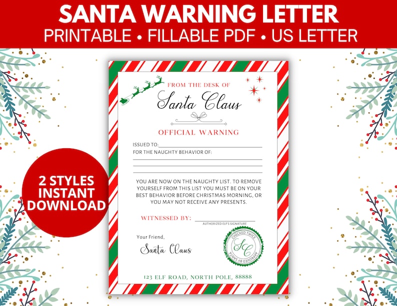 Printable Warning Letter From the Desk of Santa, Personalized Santa ...