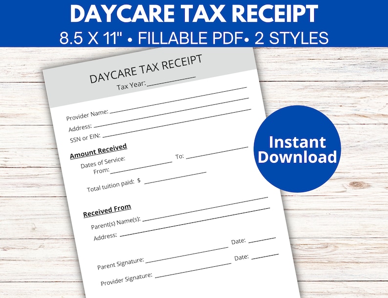 Daycare Childcare Tax Receipt Form for Parents and Childcare Providers ...