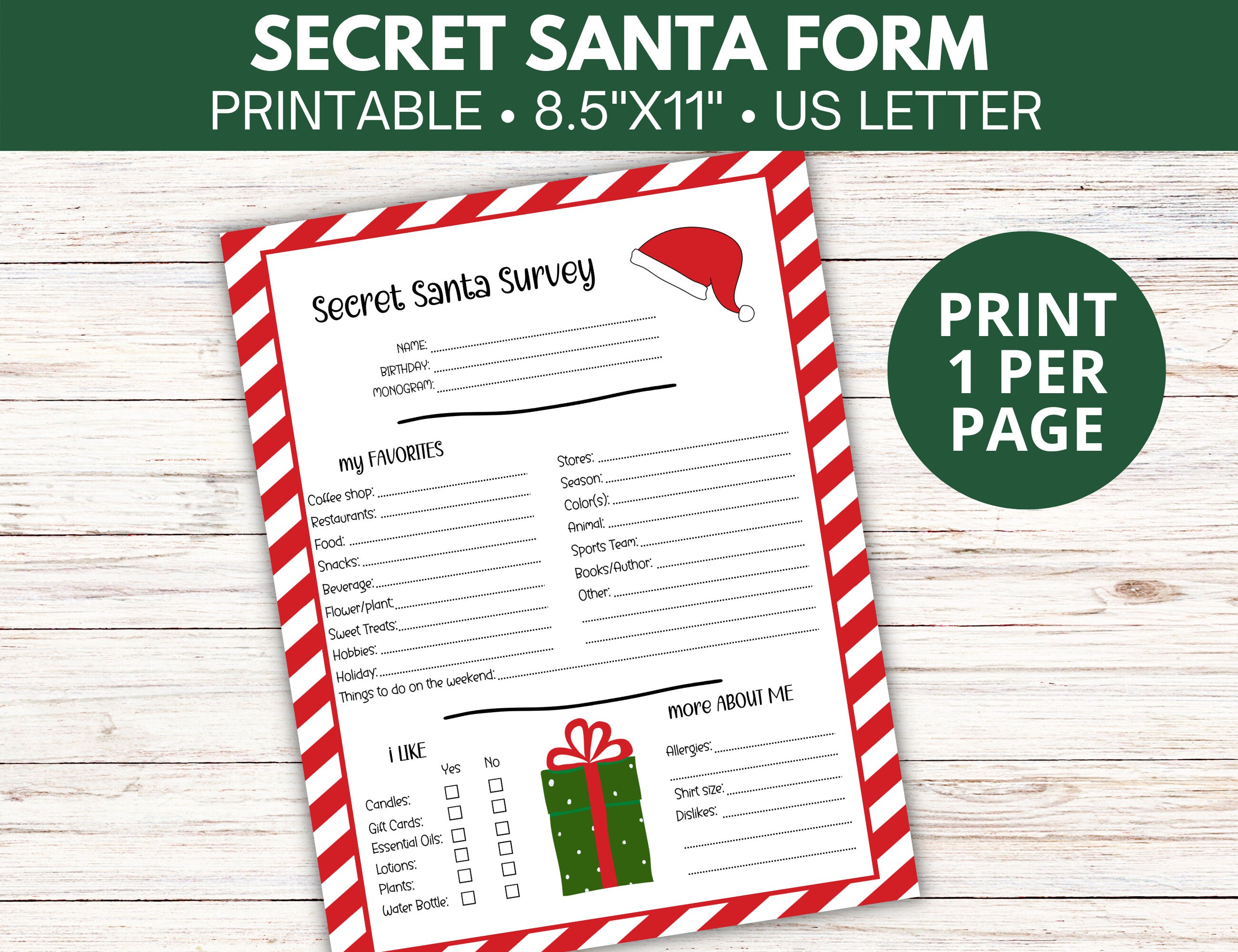 Secret Santa Questionnaire, Coworkers Gift Exchange Game, Printable ...