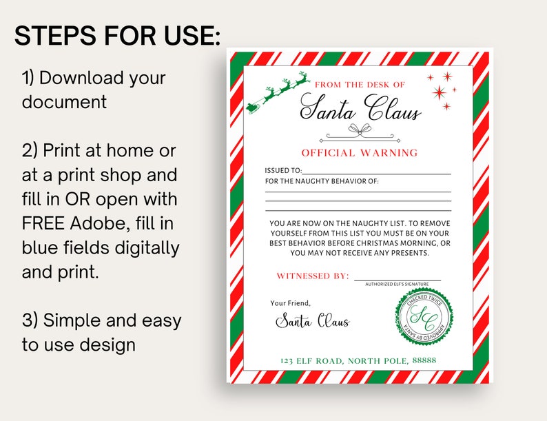 Printable Warning Letter From the Desk of Santa, Personalized Santa ...