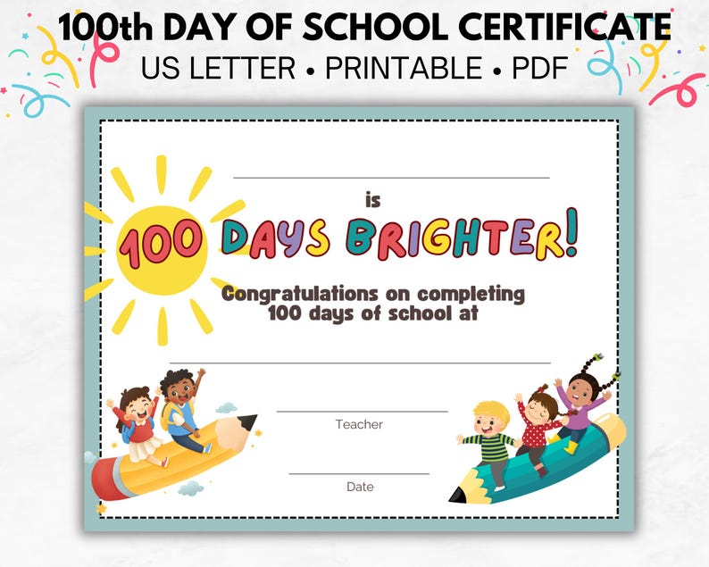 100th Day of School Certificate, 100 Days of School Kids Completion ...