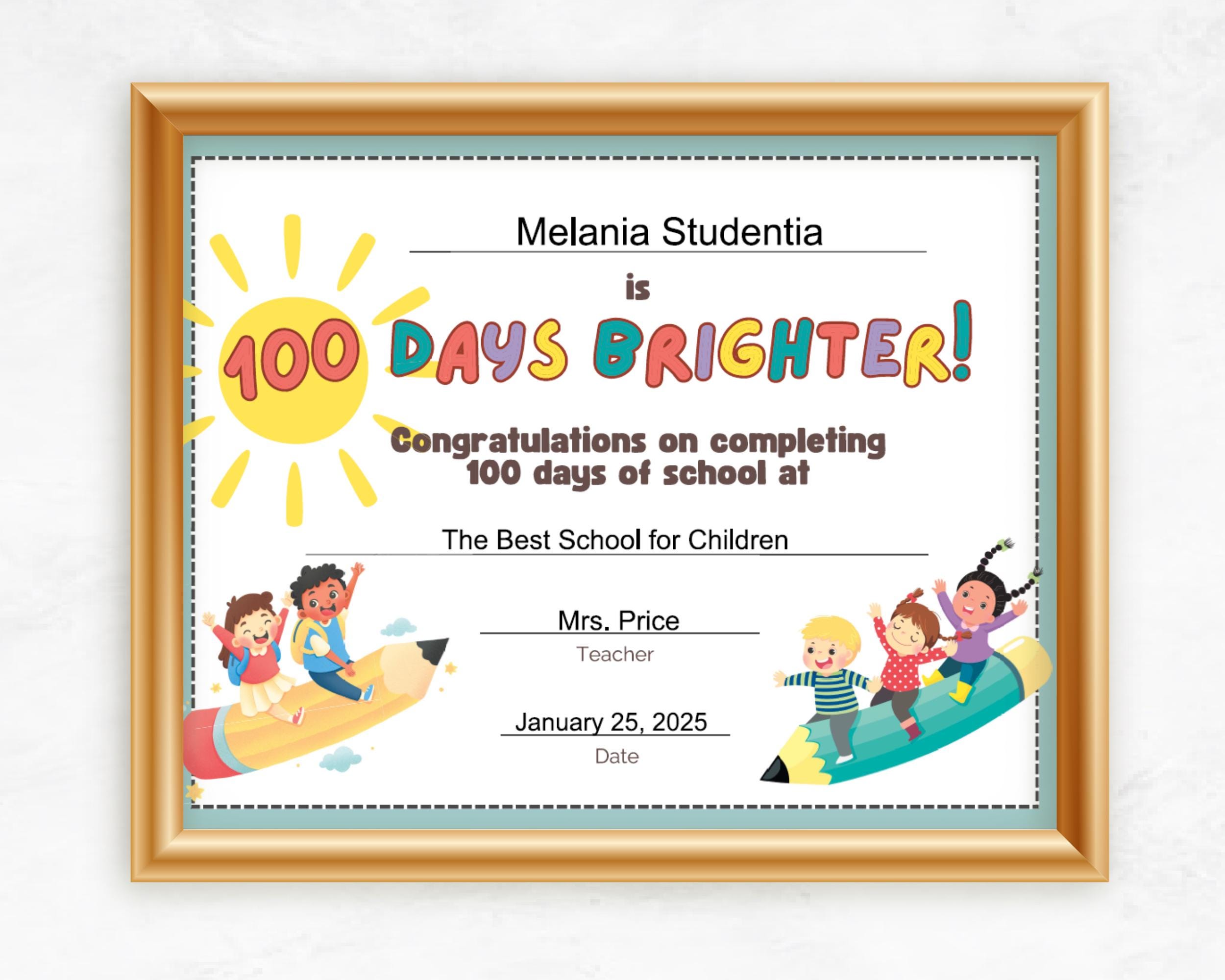 100th Day of School Certificate, 100 Days of School Kids Completion ...