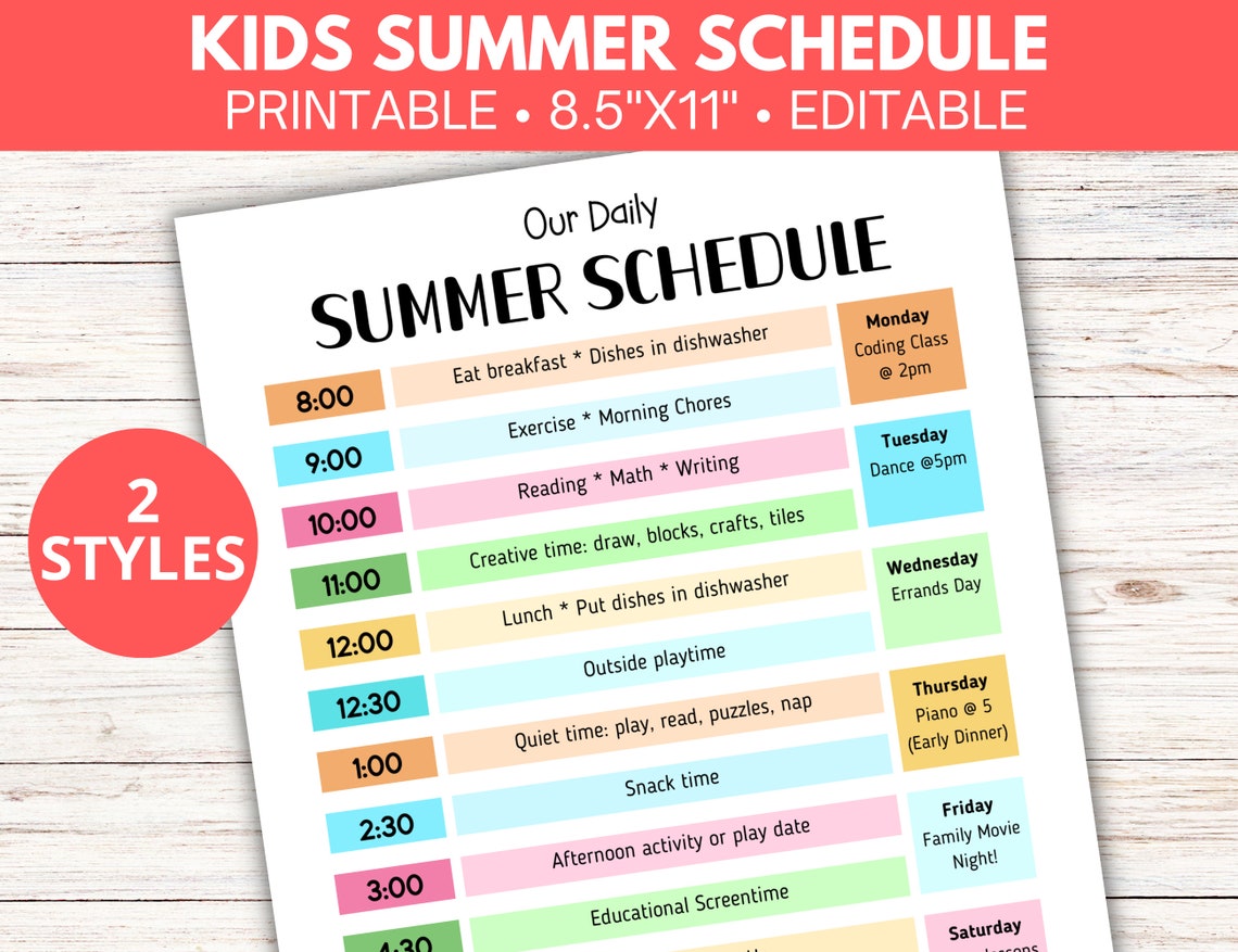 Kids Summer Schedule Template, Editable Kids Routine Chart, Fillable ...