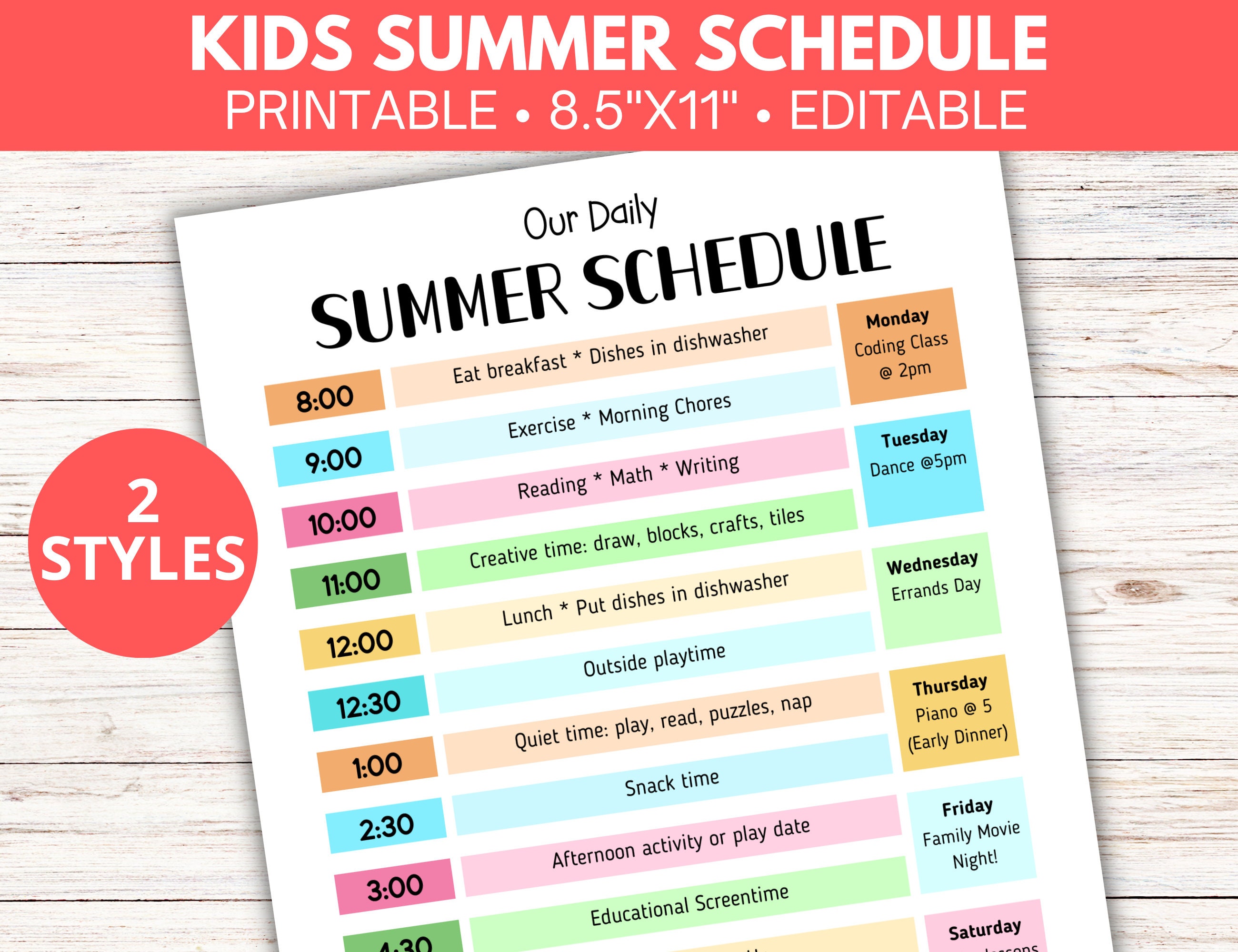 Kids Summer Schedule Template, Editable Kids Routine Chart, Fillable ...