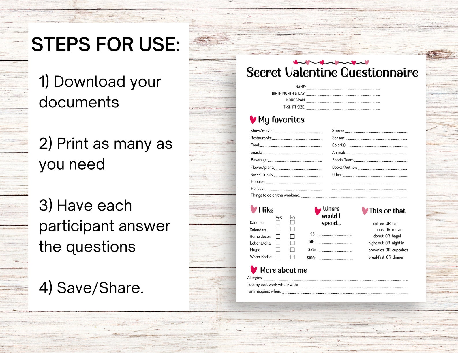 Secret Valentine Questionnaire, Teacher Gift Exchange Ideas, Coworker ...