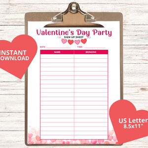 Sign up Sheet Template for Valentine's Day Party, Potluck Sign up Sheet ...
