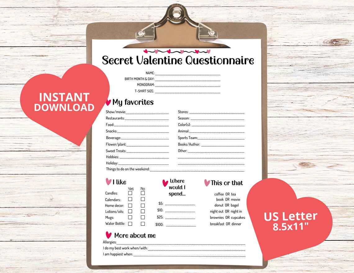 Secret Valentine Questionnaire, Teacher Gift Exchange Ideas, Coworker ...