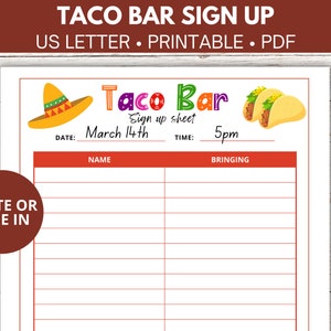 Sign up Sheet Template for Taco Bar, Printable Taco Party Sign Up ...