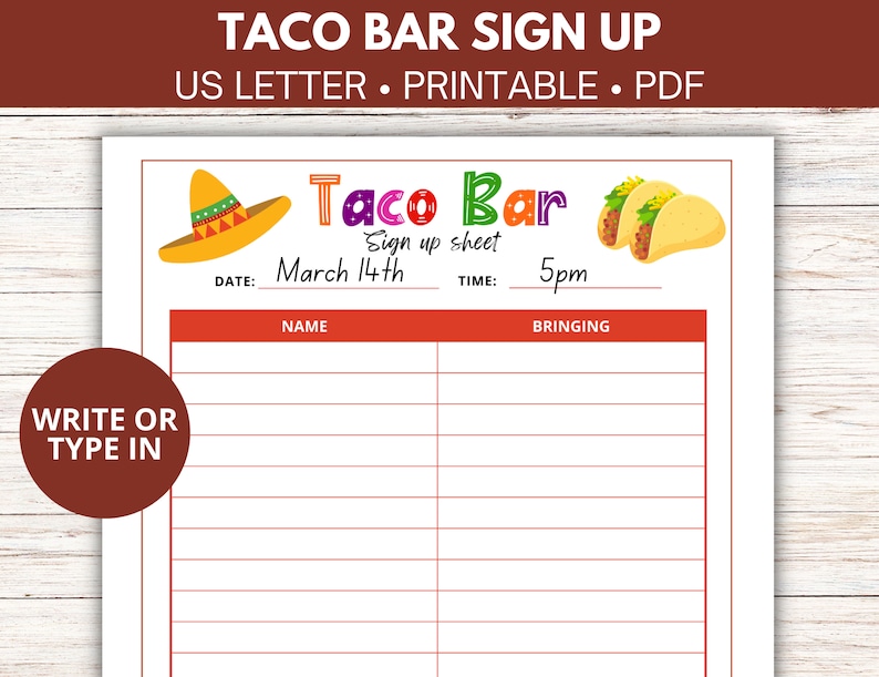 Sign up Sheet Template for Taco Bar, Printable Taco Party Sign Up ...