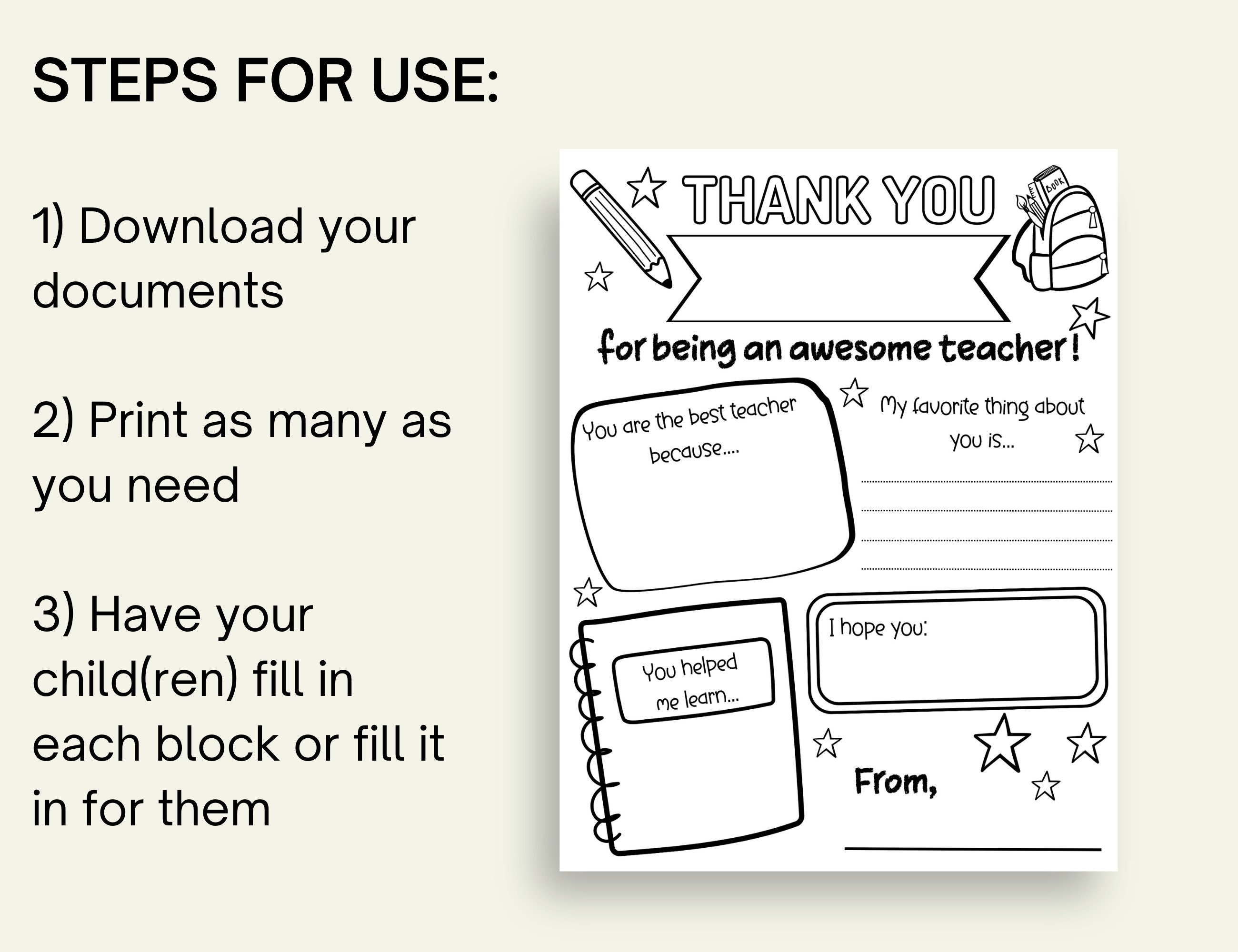 DIY End of Year Teacher Gift Coloring Page, End of Year Thank You Card ...