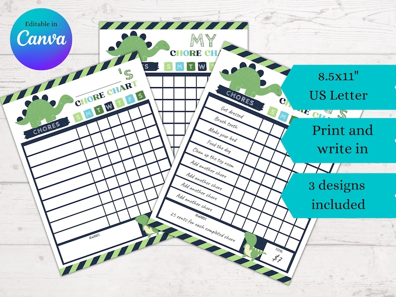 Dinosaur Chore Chart for Kids, Editable Chore Chart for Toddler, Chore ...