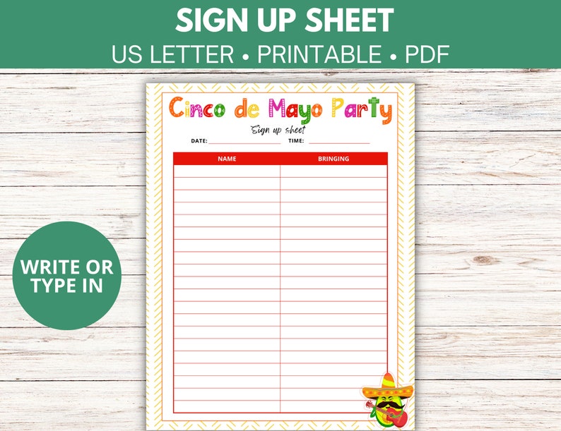 Sign up Sheet Template for Cinco De Mayo Party, Mexican Food Potluck ...
