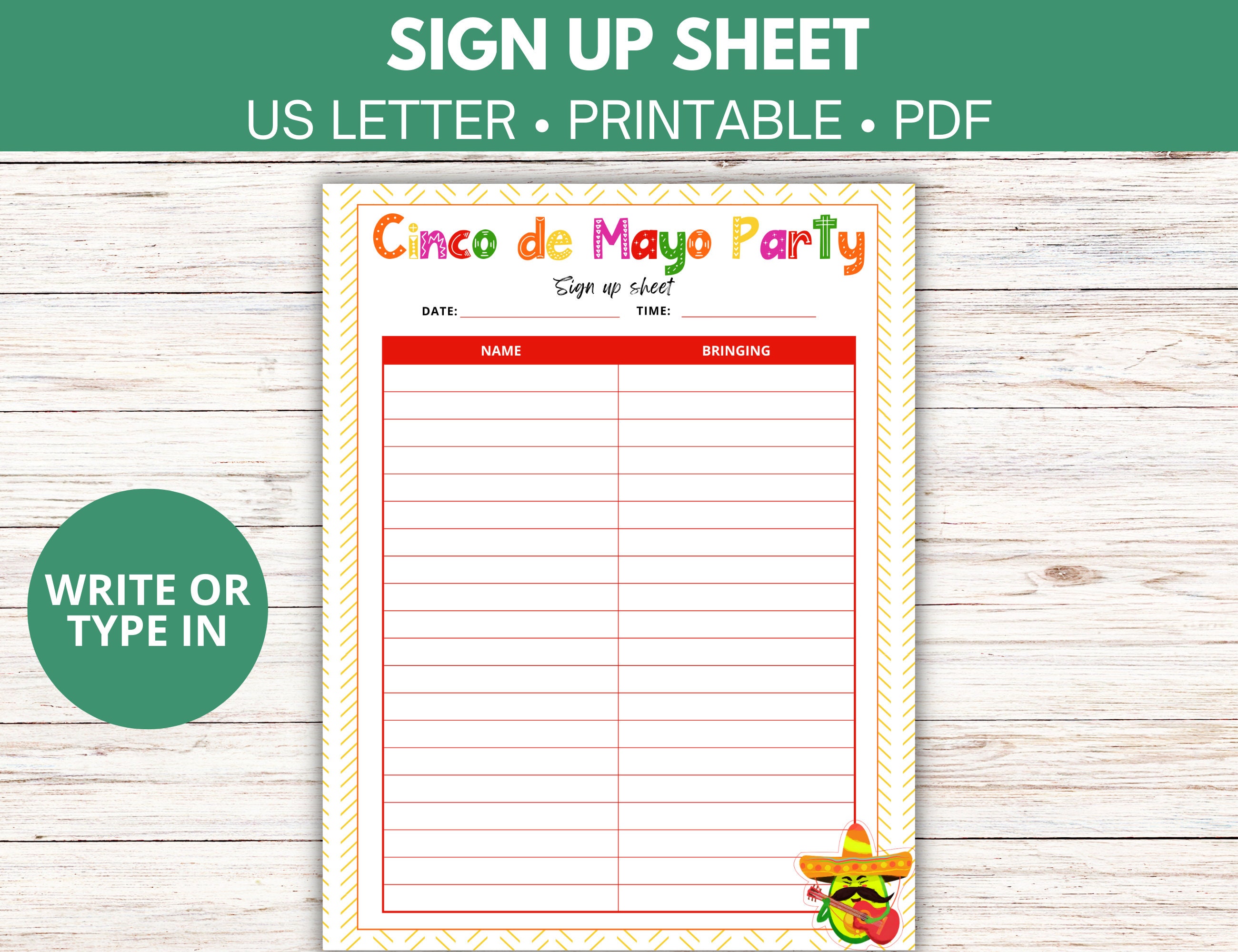 Sign up Sheet Template for Cinco De Mayo Party, Mexican Food Potluck ...