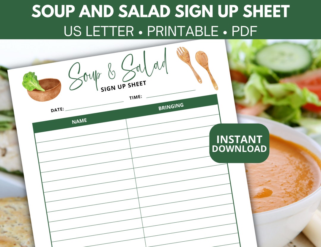 Soup and Salad Sign up Sheet Template, Potluck Sign up Sheet, Printable ...