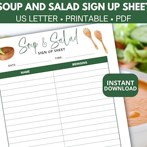 Soup and Salad Sign up Sheet Template, Potluck Sign up Sheet, Printable ...