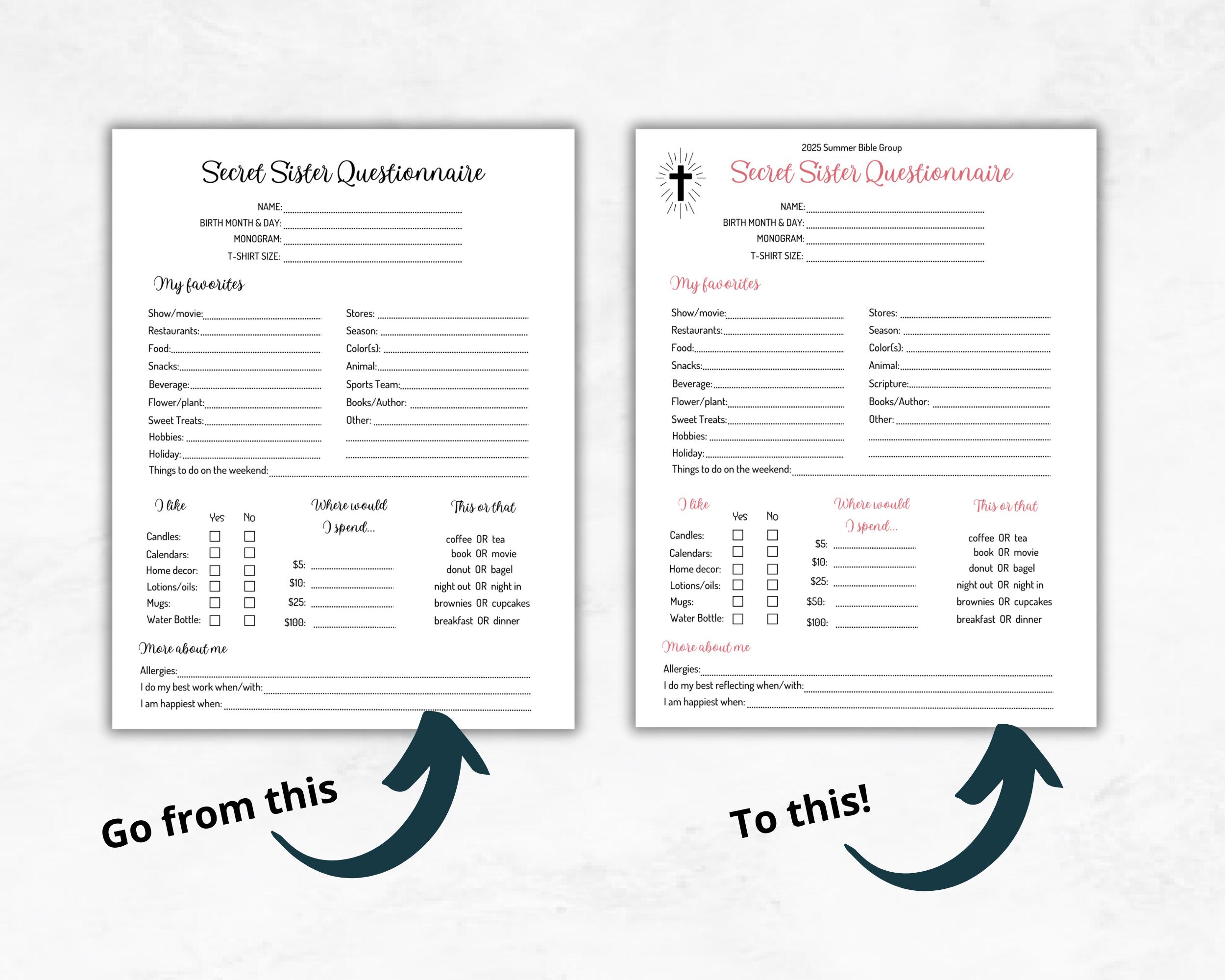 Editable Secret Sister Questionnaire Template, Church Secret Sister ...