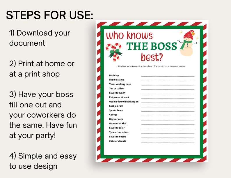 Holiday Office Party Game Who Knows the Boss Best, Fun Office Party ...
