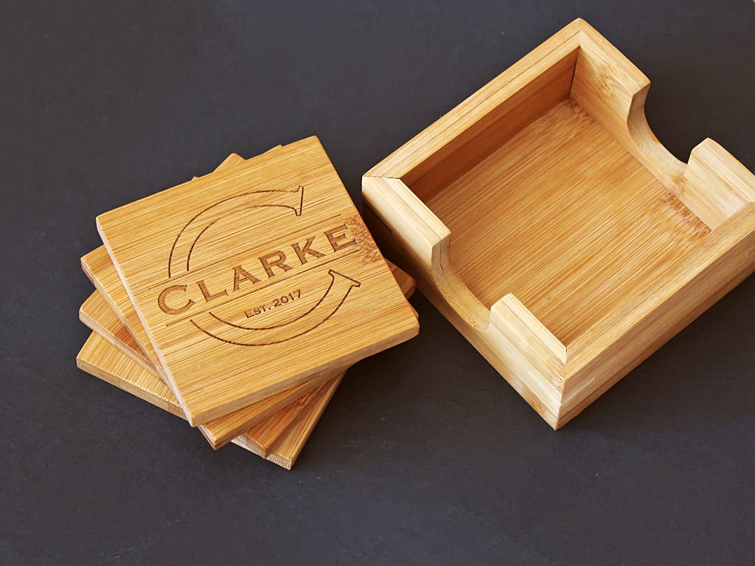 Set of Four Custom Engraved Bamboo Coasters, Monogram Coasters, Custom ...