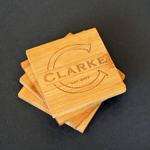 Set of Four Custom Engraved Bamboo Coasters, Monogram Coasters, Custom ...