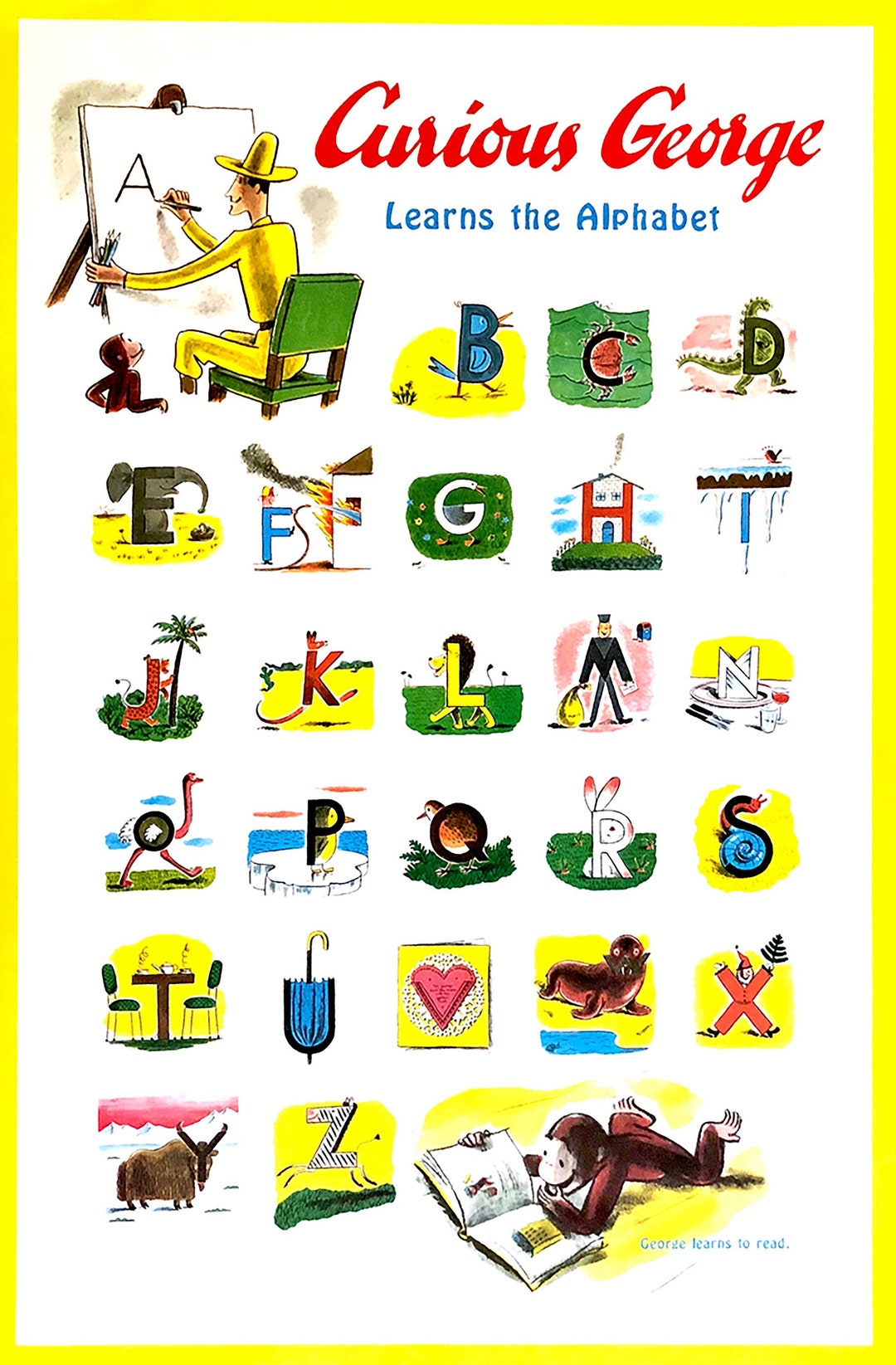 Curious George Learns the Alphabet - Hard to Find Art Print of Everyone ...