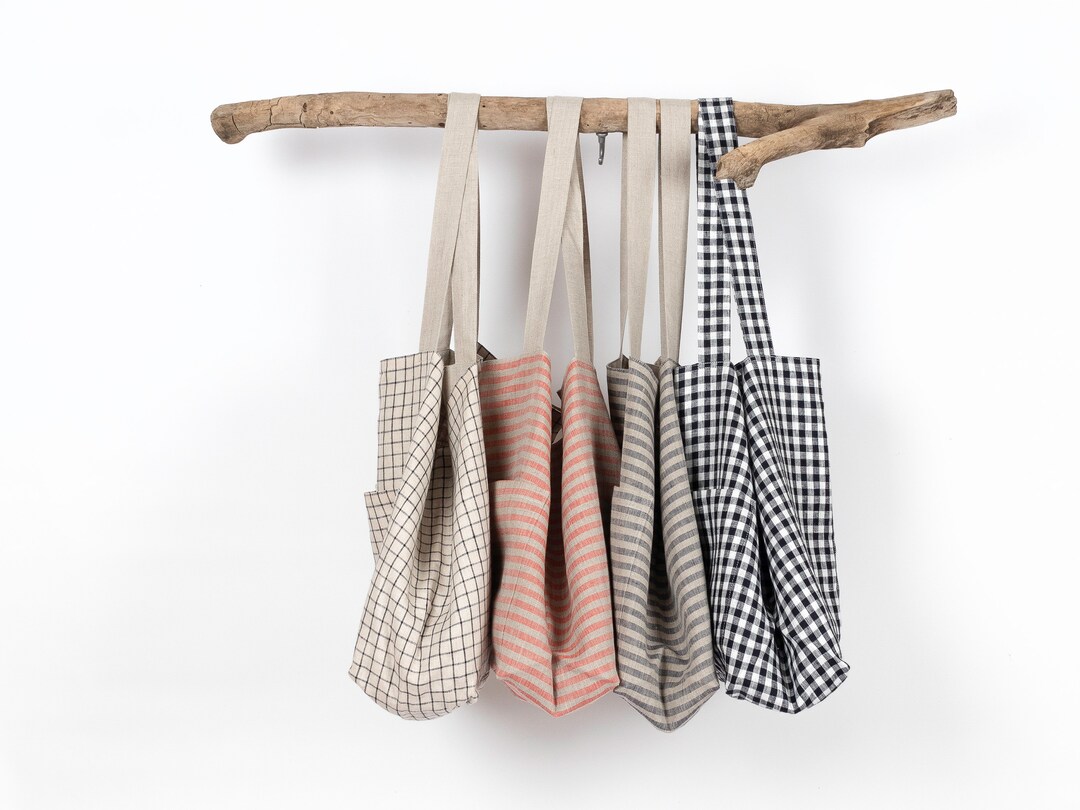 Linen Market Bag in Black and Natural Stripes, Reversible Natural Linen ...
