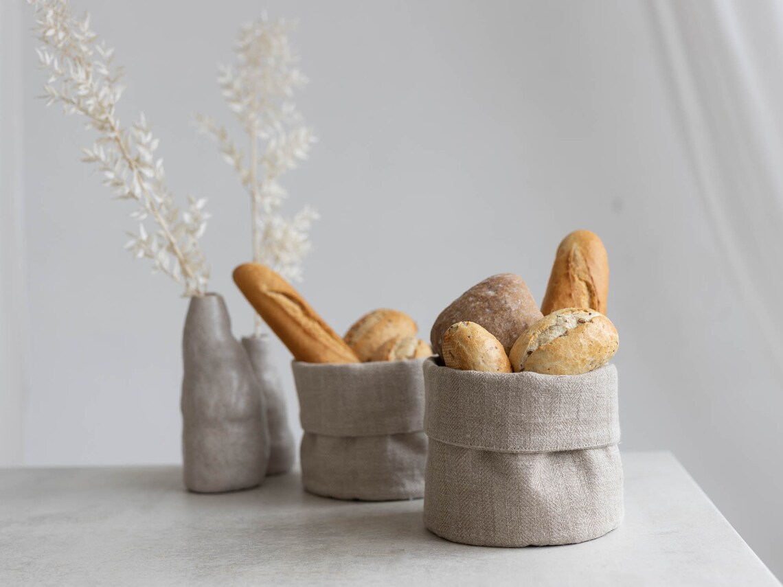 Linen Bread Basket Organic Cloth Storage Bag Fabric Round - Etsy
