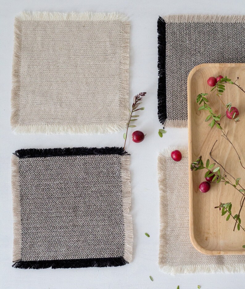 Fringed linen coasters set of 4 6 8 made of jacquard linen | Etsy