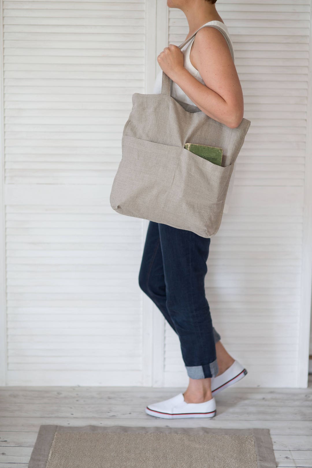 Linen Shoulder Bag With Pockets, Flax Market Bag, Cross Body Vegan Tote ...