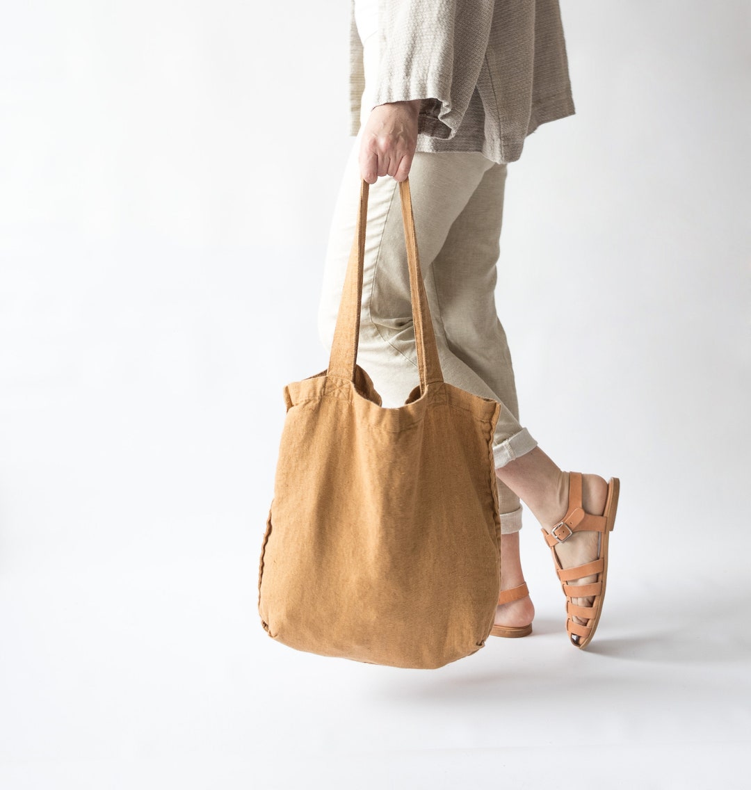 Brown Linen Shoulder Bag, Reusable Grocery Bag, Camel Library Bag ...