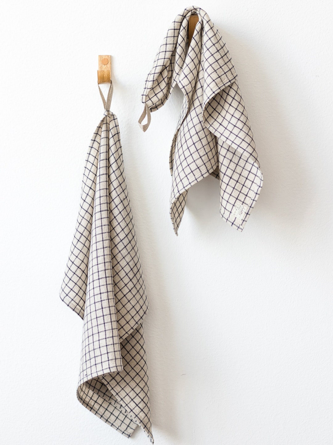 Beige Linen Kitchen Towels Set, Black Plaid Hand Towels With Hanging ...
