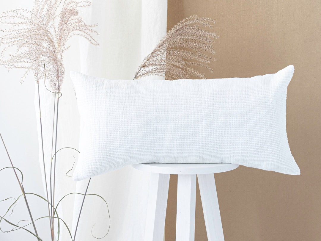 White Rectangular Lumbar Cushion, Linen Decorative Throw Pillow ...