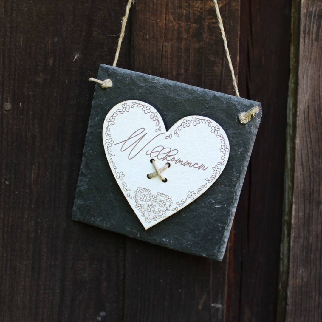 Slate Sign Welcome With Engraved Wooden Heart Sign Door Sign Door ...