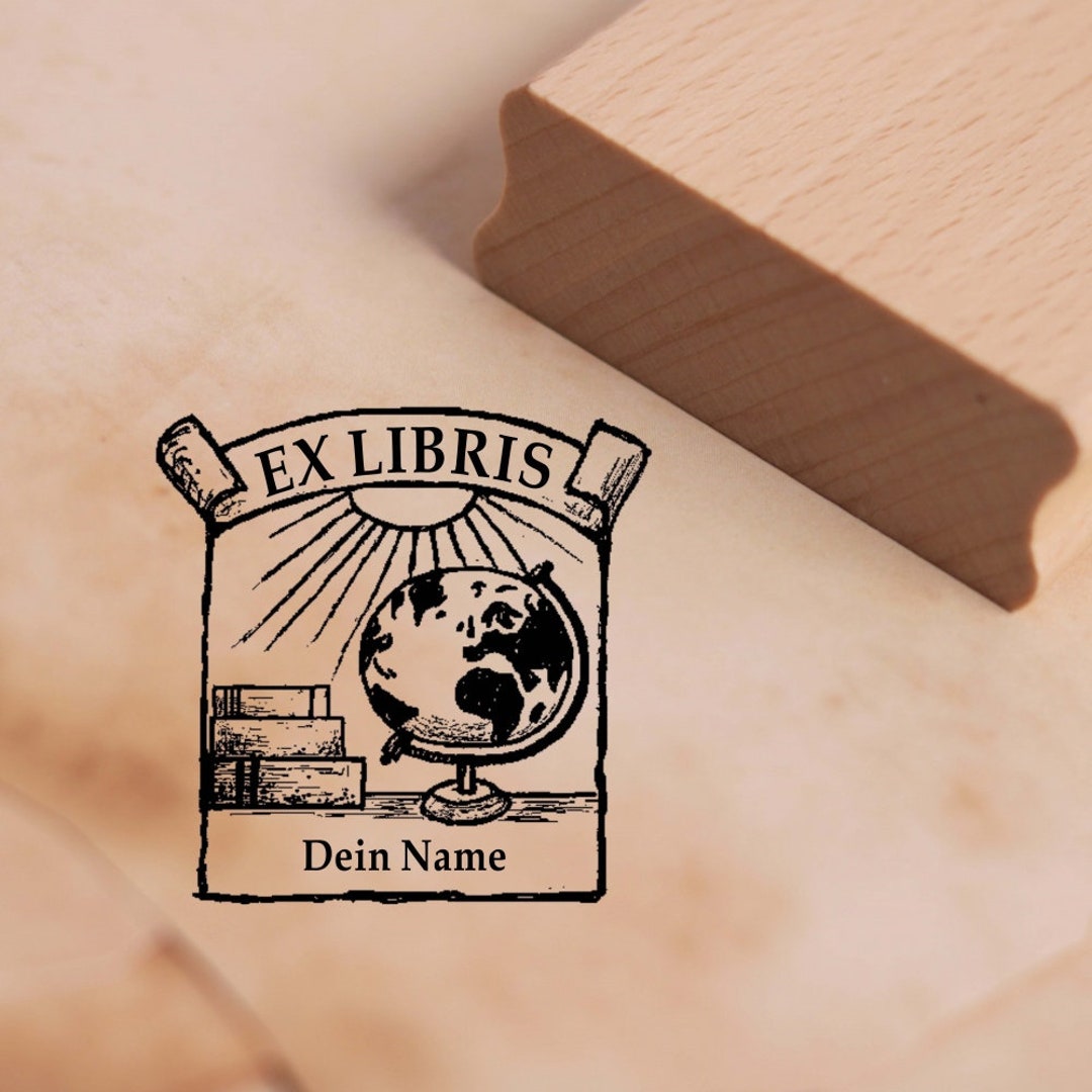 Ex Libris Stamp With Name - Globe, Sun and Books Ex Libris Motif Stamp ...