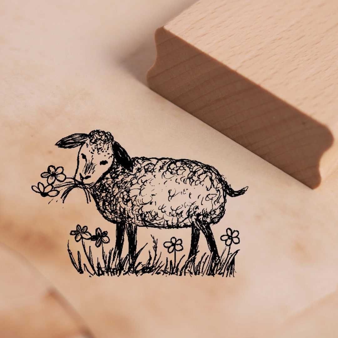 Motif Stamp Sheep on the Flower Meadow Stamp 38 X 26 Mm - Wooden Stamp ...