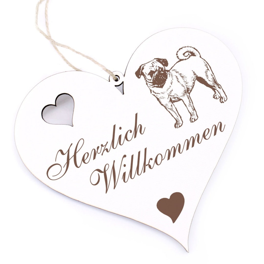 Welcome Shield Pug Decoration Heart Wood Door Sign 13 X 12 Cm Heart ...