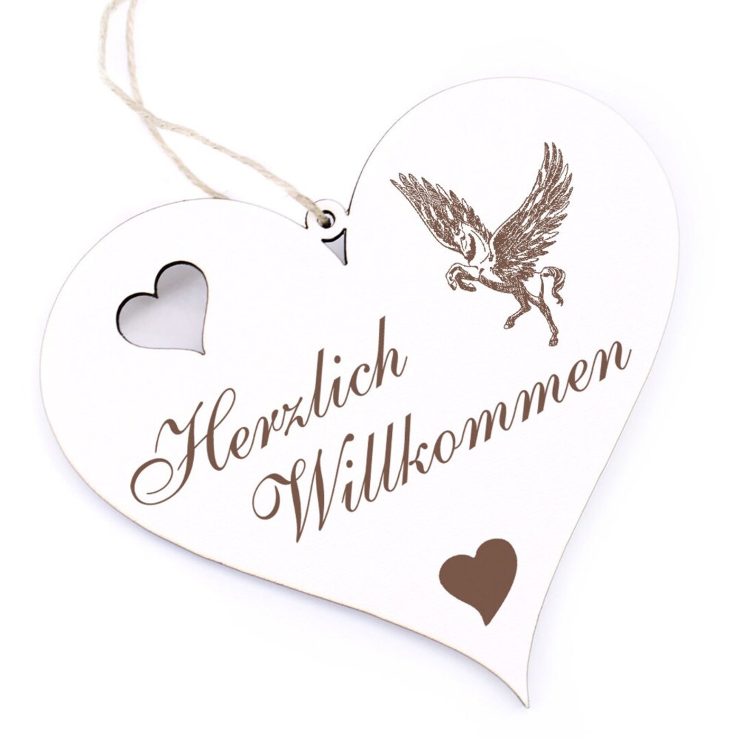 Welcome Shield Pegasos Horse Decoration Heart Wood Door Sign 13 X 12 Cm ...