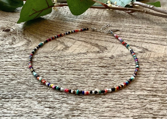 Dainty Waterproof Seed Bead Necklace Thin Bead Necklace Colourful Choker Beaded Choker Boho Choker Seed Bead Necklace Women s Choker Etsy UK