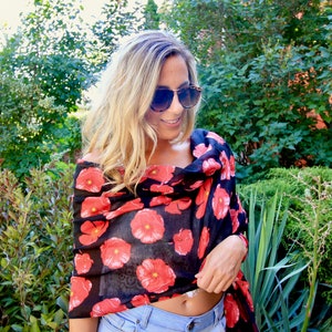 Chiffon Scarf, BLACK POPPY, Womens Scarf, Spring Summer Scarf, Shawl ...