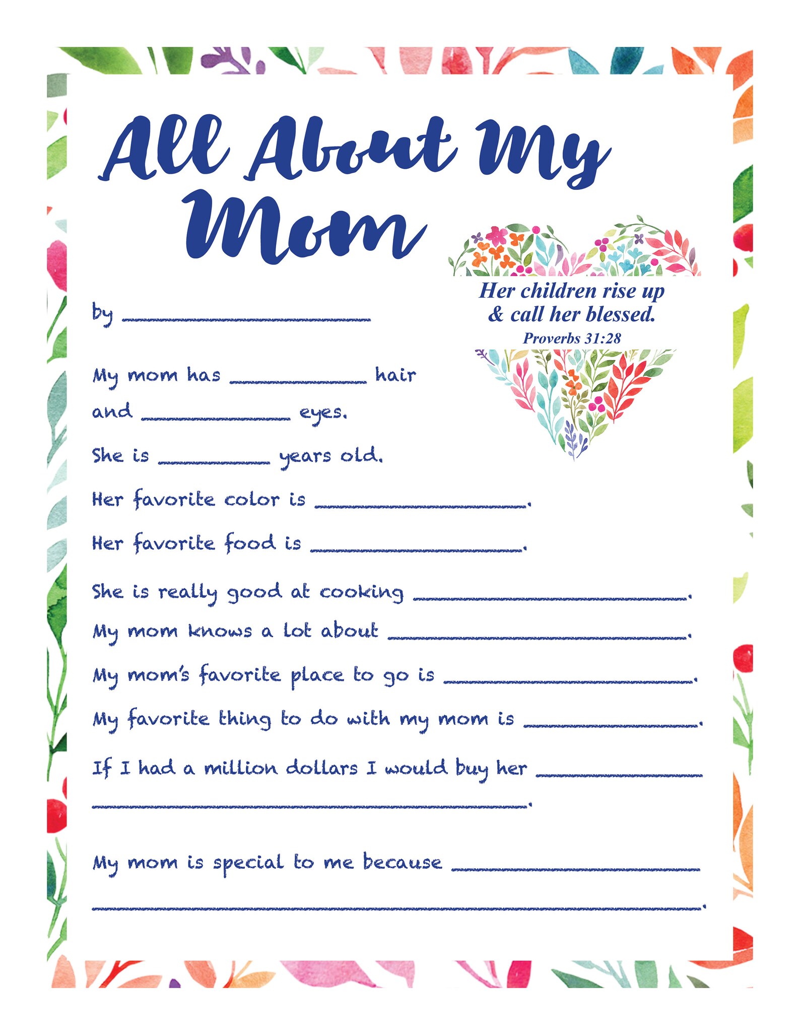 All About Mom Fill in the Blank Instant Download Print From | Etsy
