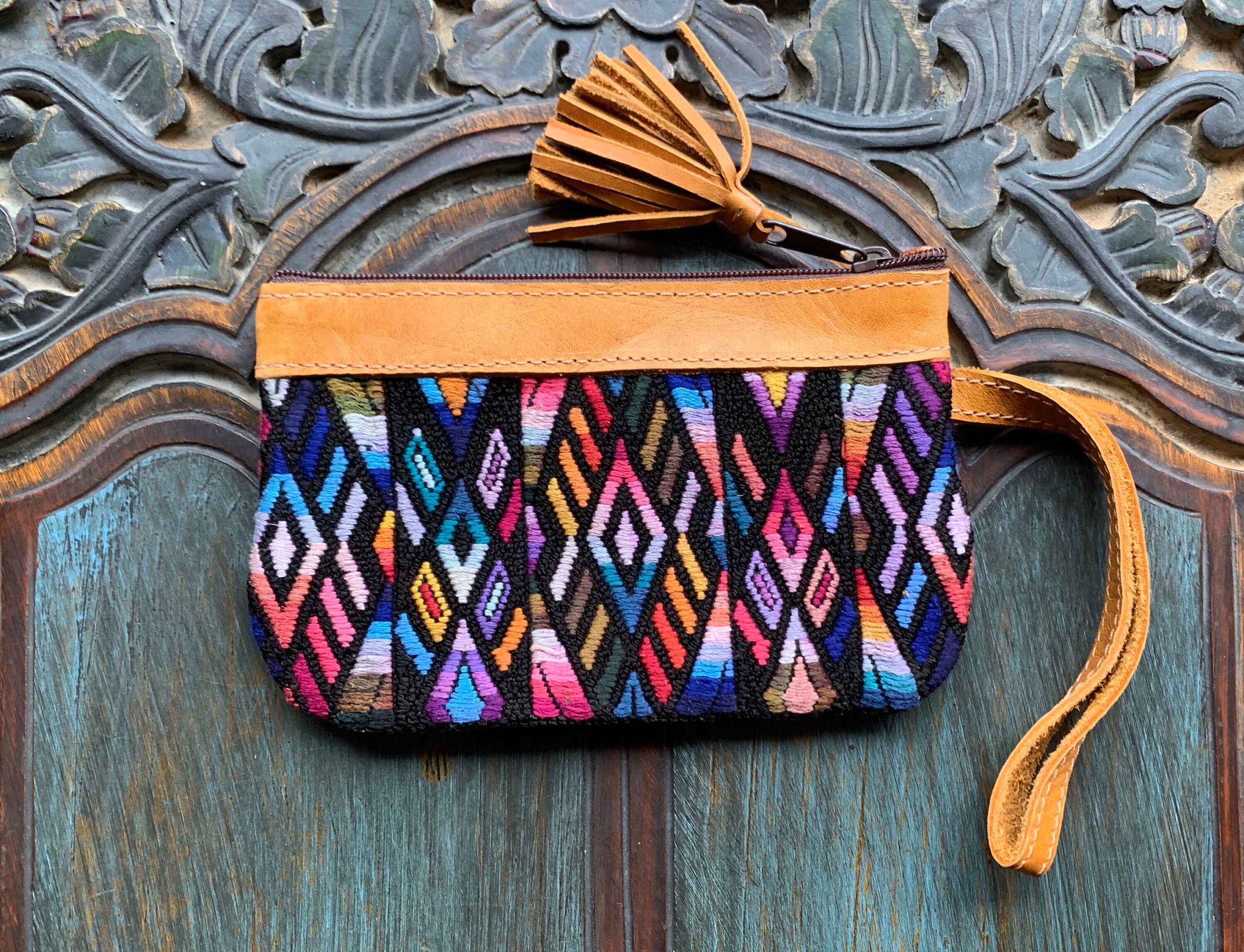 Purple Diamonds Huipil Wristlet with Tan Leather
