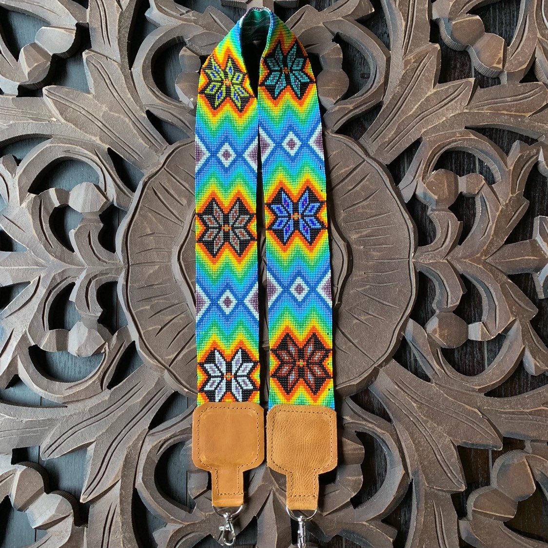 Beaded Camera or Bag Nomad Strap with Natural Tan Leather