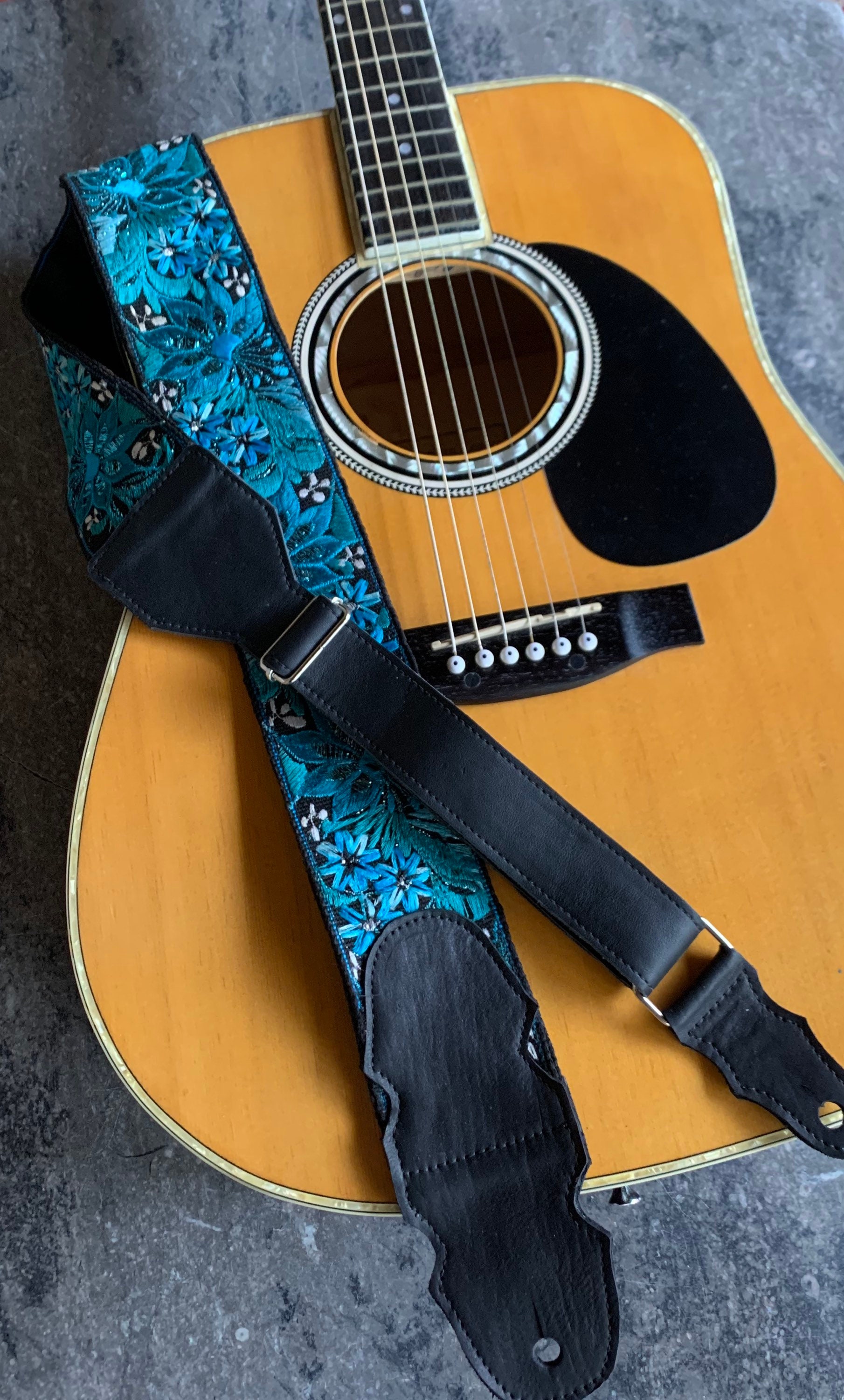 Caribbean Sea Sparkle Black Adjustable Leather Guitar Strap