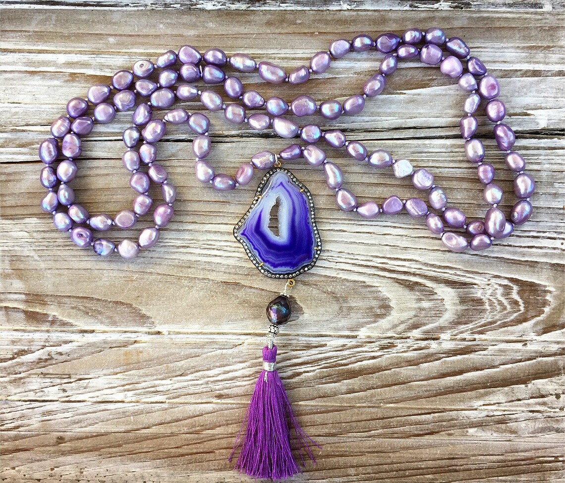 Violet Dream Agate Druzy and Pearl Gold Vermeil Silk Tassel Necklace - Etsy