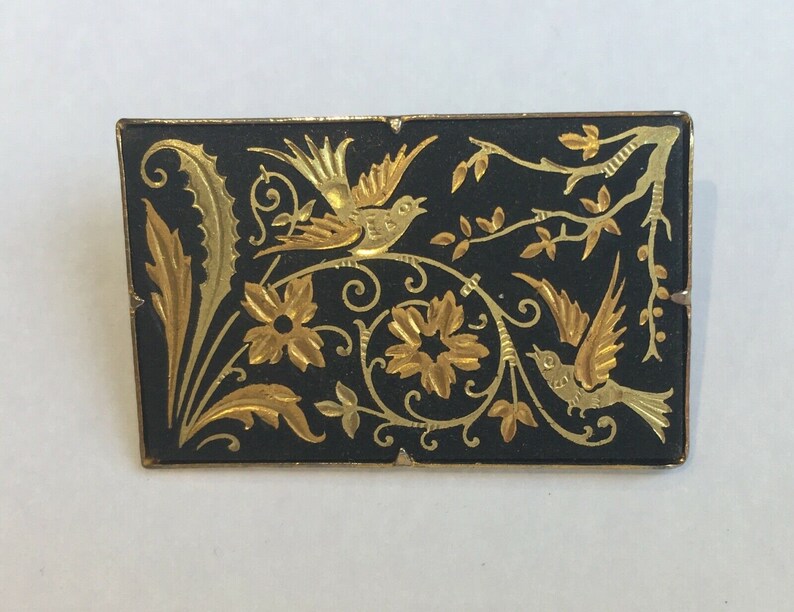 Spanish Damascene Bird Brooch Gold Inlaid Rectangle Pin - Etsy