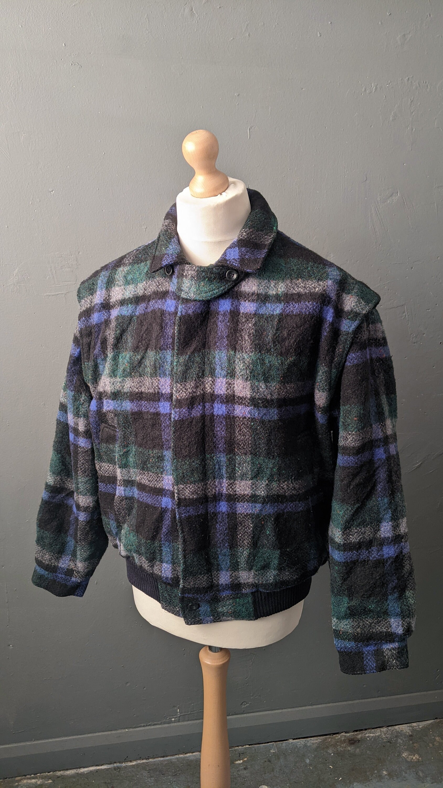 80s Tartan Wool Bomber Jacket by Melka, Plaid Check Coat, Size XL 48 ...
